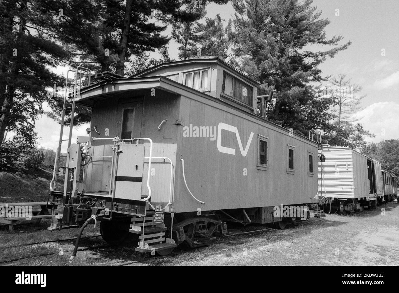 A row of retired vintage railroad cars rest on tracks at the Conway ...