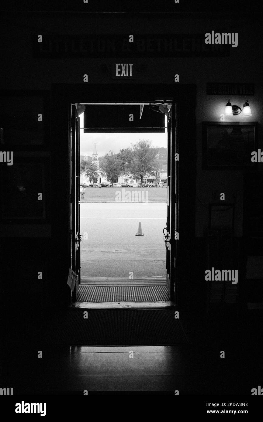 Looking out through the front door of the Conway Scenic Railroad ...