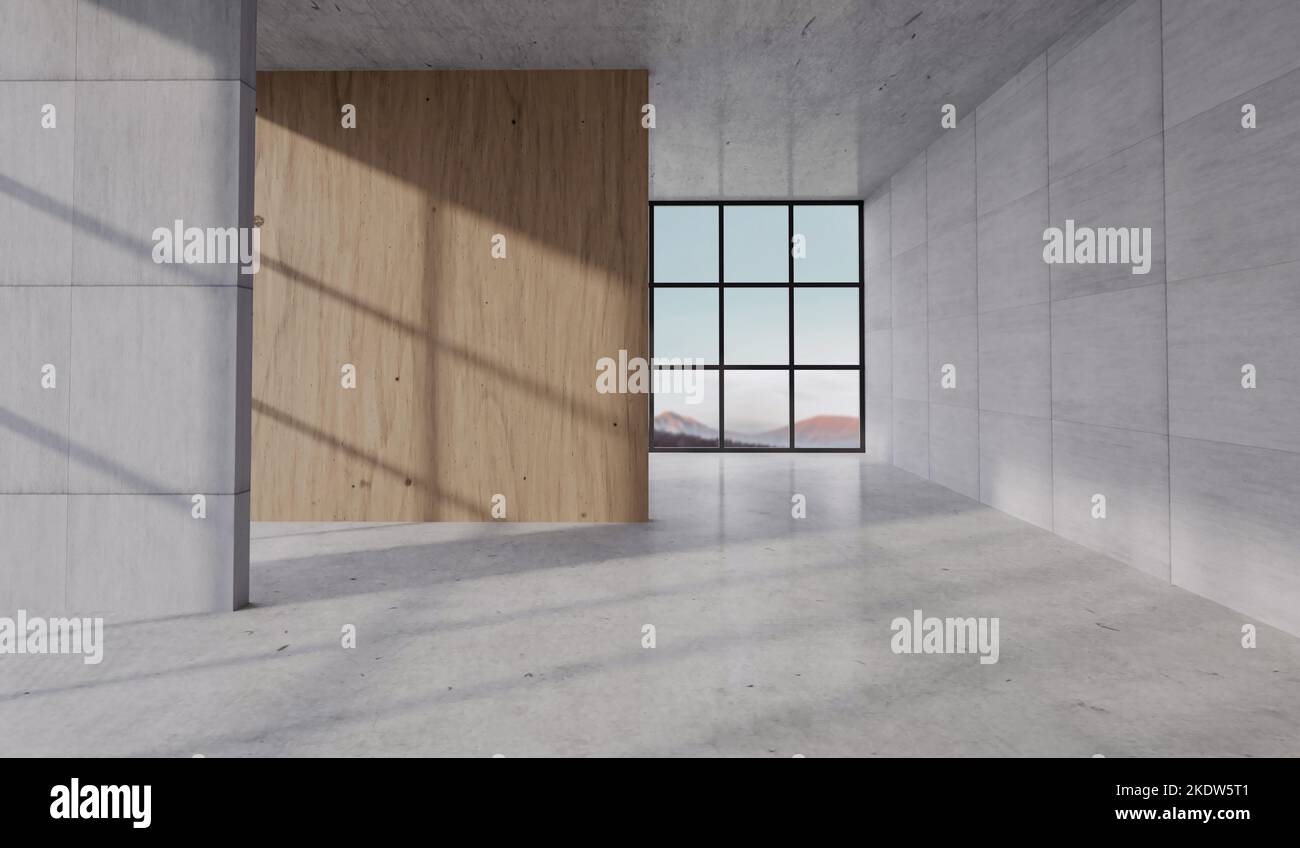 Concrete modern interior space. Blank walls and large windows with ...