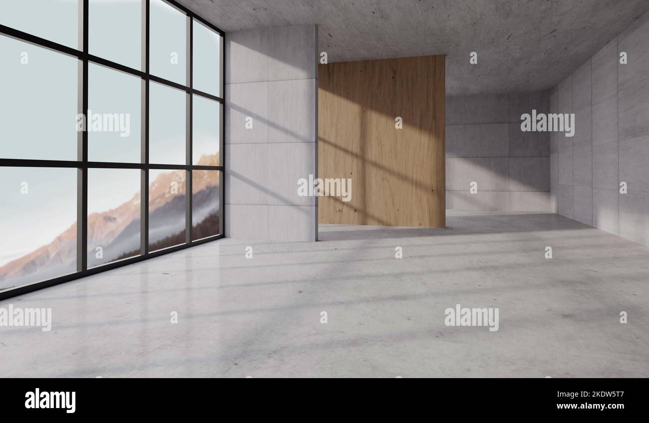 Concrete modern interior space. Blank walls and large windows with ...