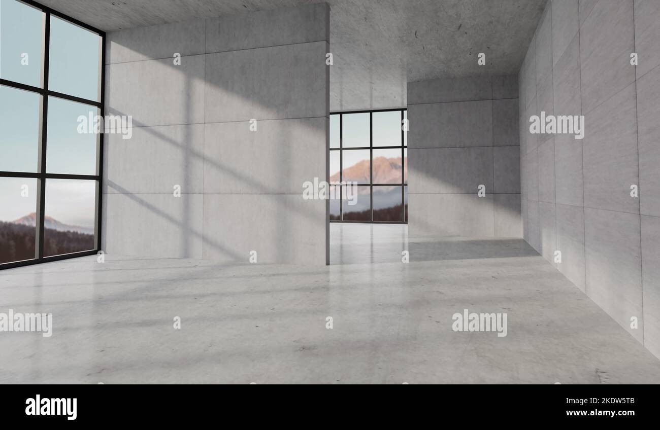 Concrete modern interior space. Blank walls and large windows with ...