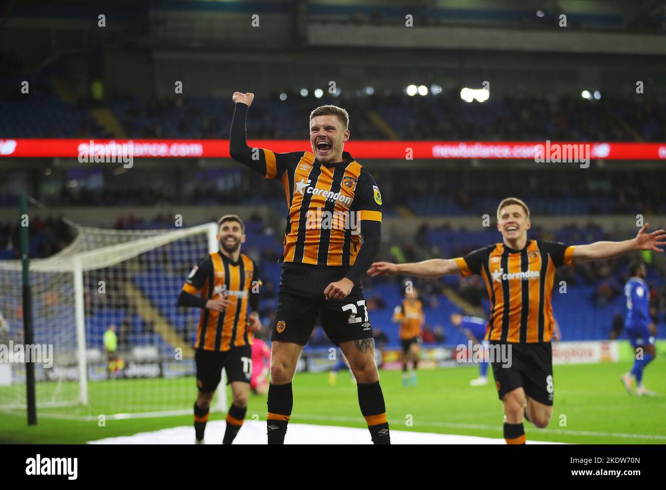 Cardiff, UK. 08th Nov, 2022. Regan Slater of Hull city (c) celebrates ...