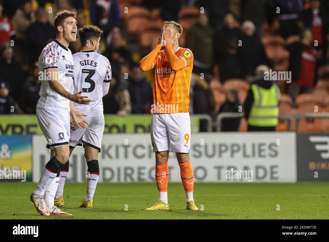 Jerry Yates #9 of Blackpool reacts after missing a chance on goal ...