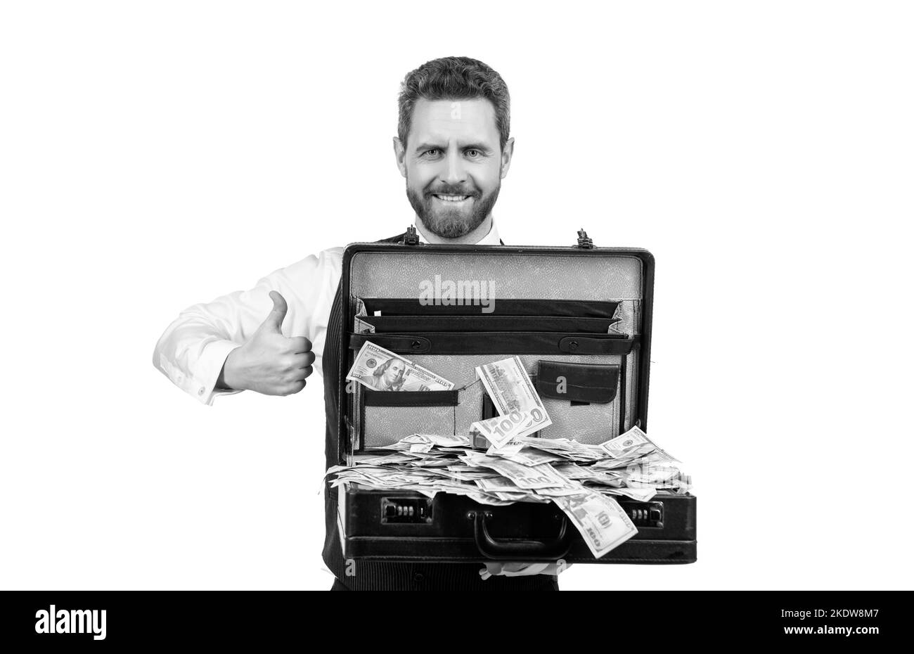 Happy Man Hold Cafe With Money Showing Thumb Up Isolated On White