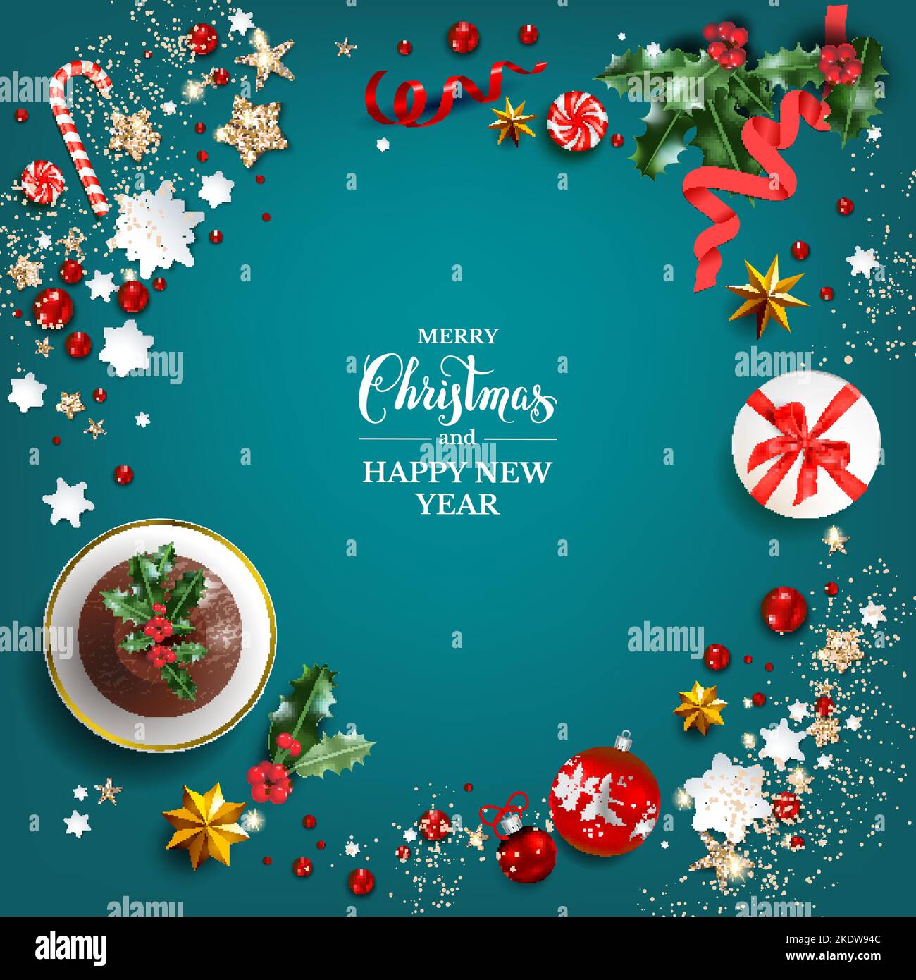 Blue background with gift boxes and Christmas pudding. Winter holiday ...