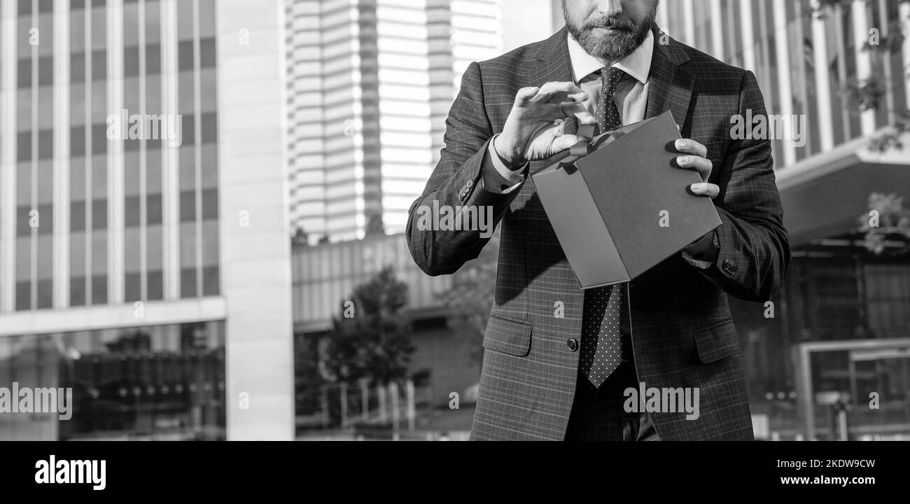 entrepreneur hold birthday gift. shopping concept. mens day. cropped ...