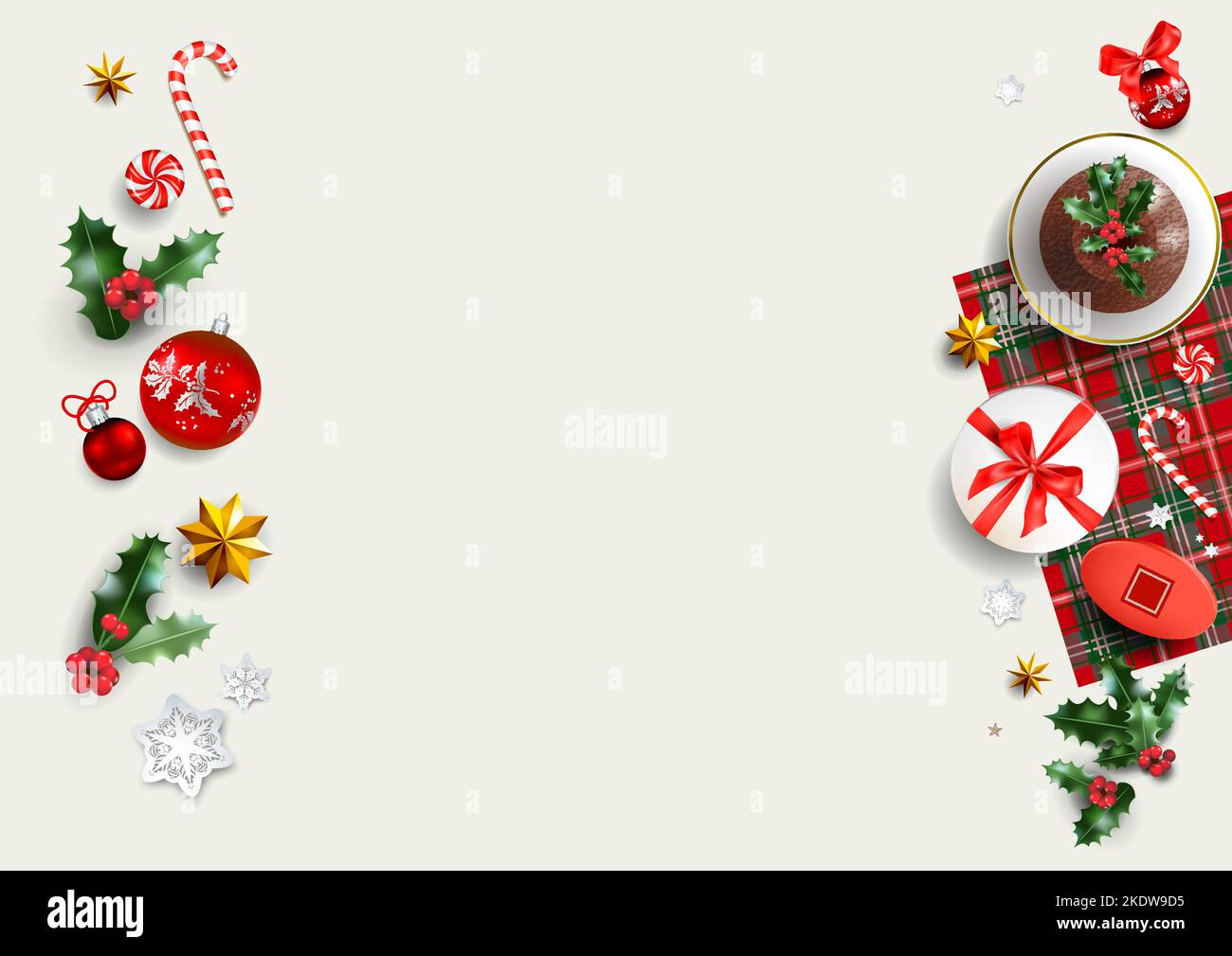 Background with decorations, gift boxes and Christmas pudding on tartan ...