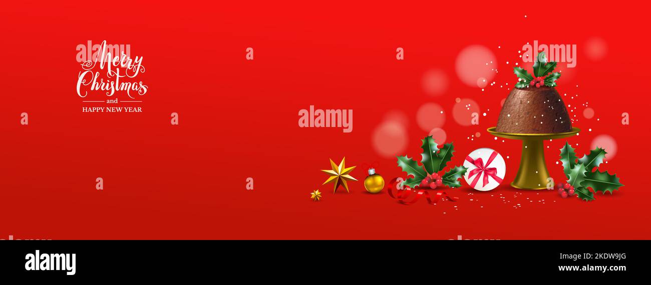 Red festive banner with Christmas pudding, decor and holly branches ...