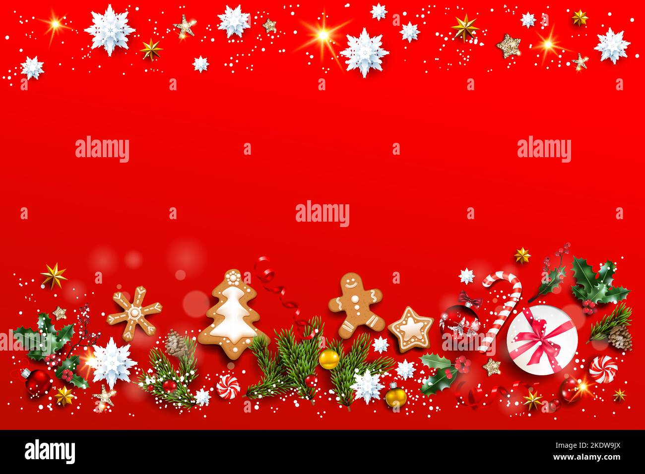 Red bright holiday background with gingerbread and Christmas ...