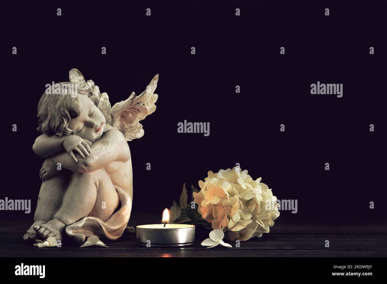 Angel, funeral flower and candle on black background with copy space ...