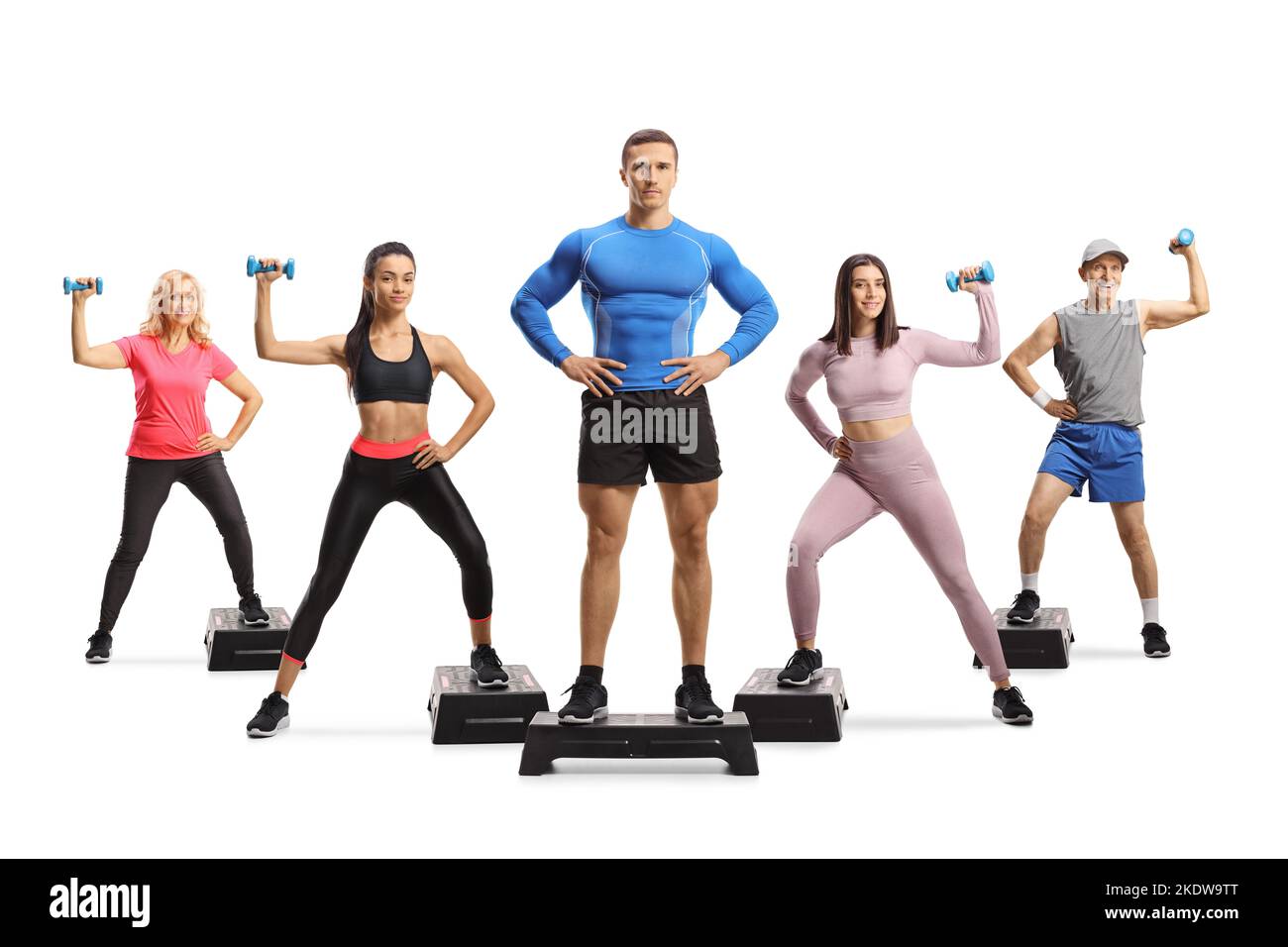 Group of people exercising step aerobic with a male coach isolated on ...
