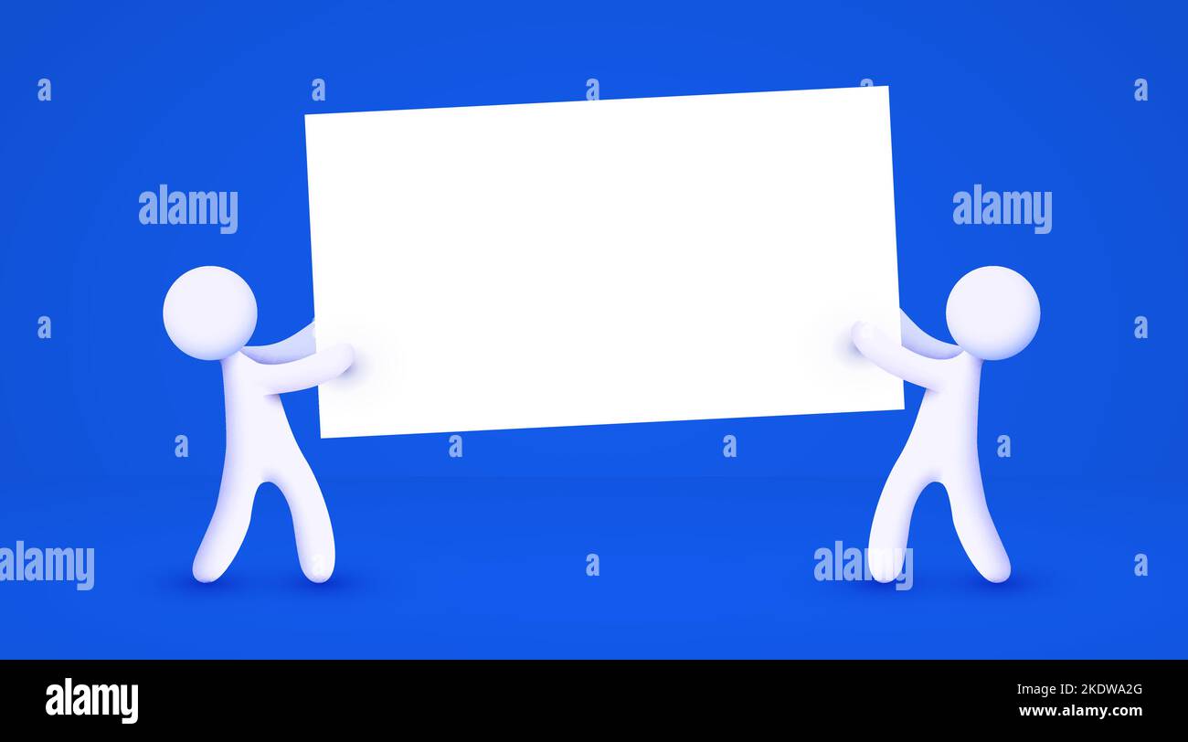 3d white cartoon people holding big blank banner. Isolated blue ...