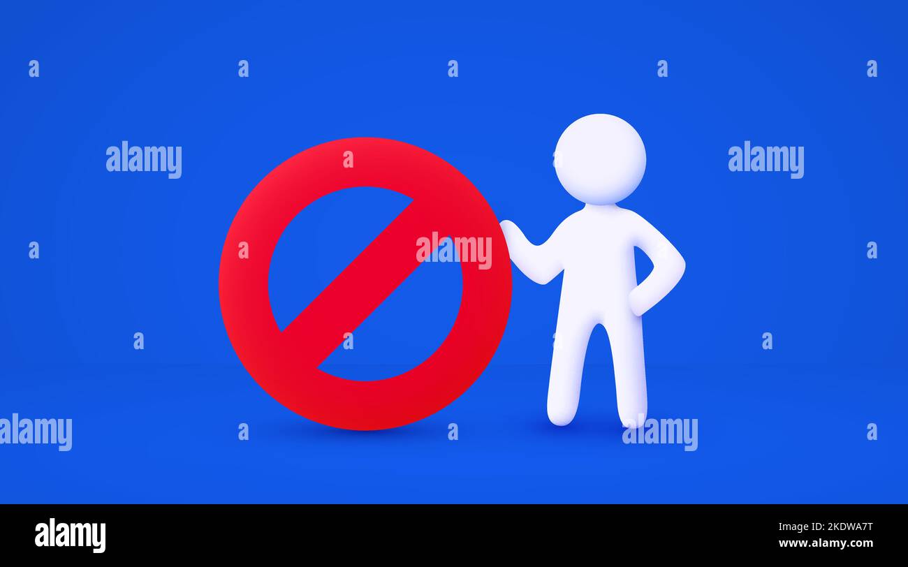 3d white cartoon man holding big stop symbol. Reject concept. Isolated ...