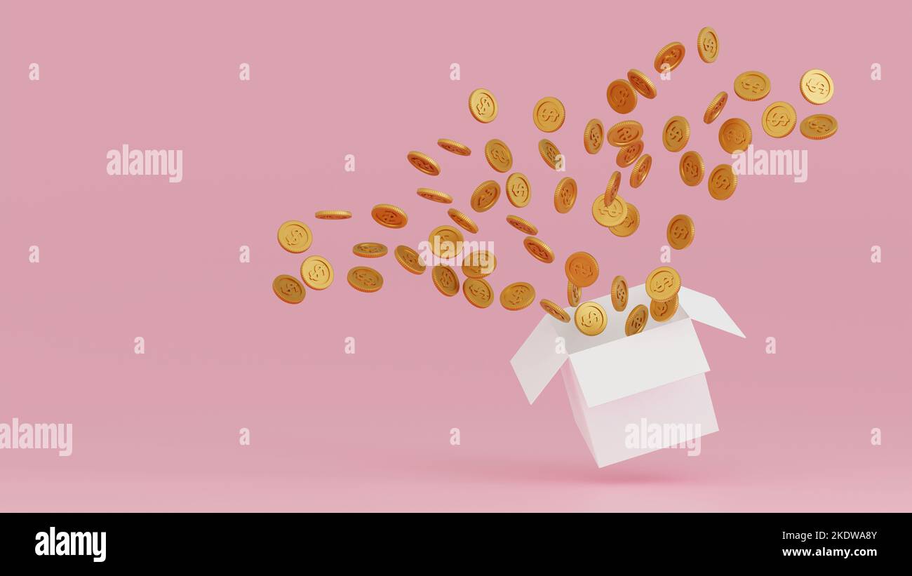 Gold coins explode or overflow from a box, success business, take ...