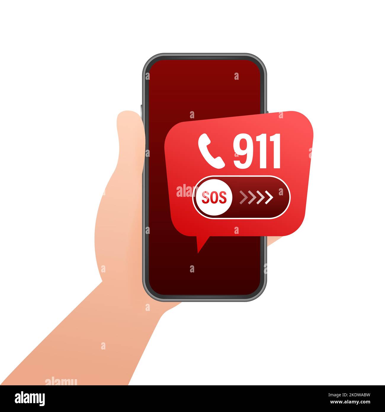 911 smartphone in flat style. Call icon vector. Hand holding smartphone. First aid. Finger touch ...