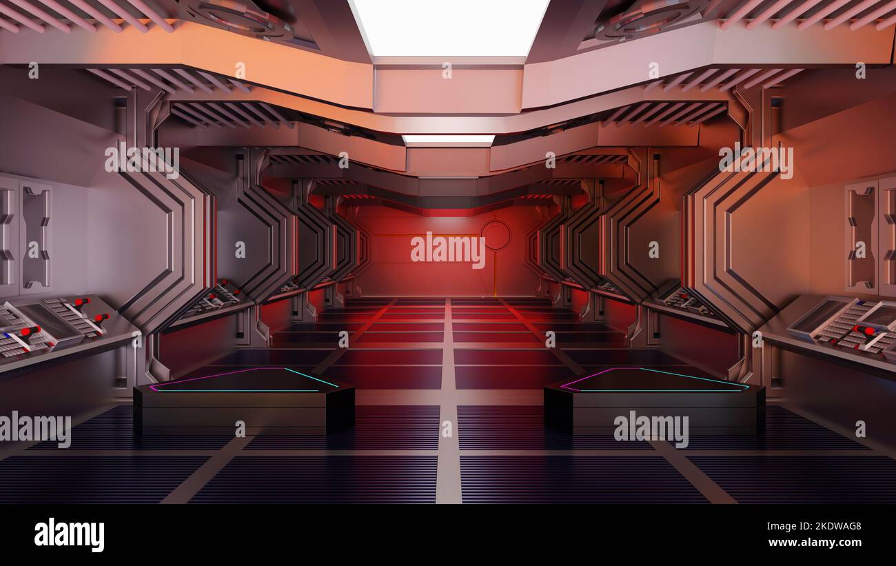 Modern podium in spaceship or space station interior, Sci Fi tunnel ...