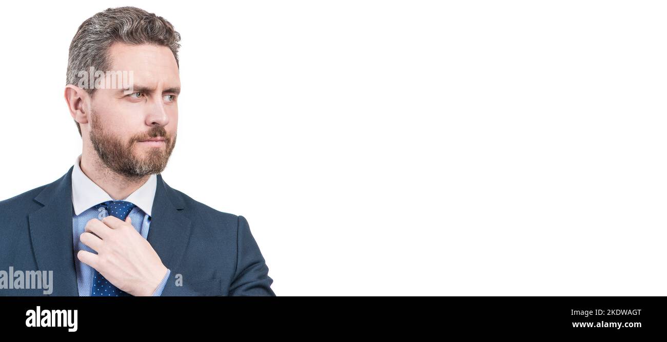 Man face portrait, banner with copy space. executive fixing tie ...