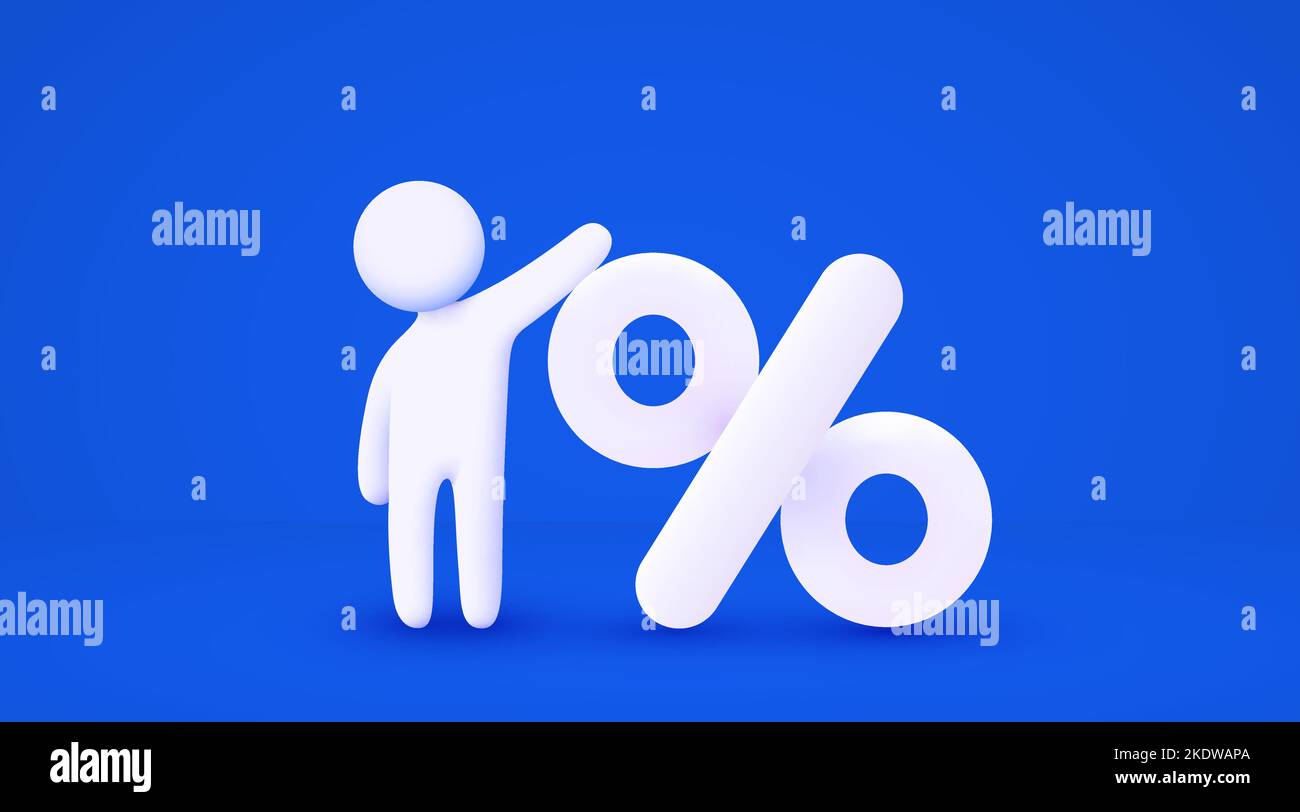 3d white cartoon man holding big percent symbol. Financial concept ...