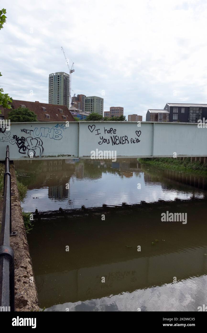 "I hope you never fit in" graffiti on Three Mills Lane bridge, near ...
