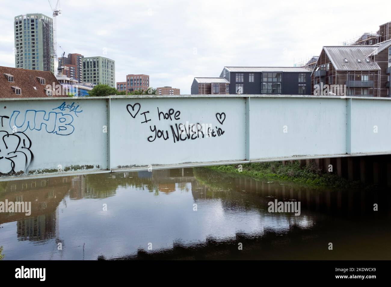 "I hope you never fit in" graffiti on Three Mills Lane bridge, near ...