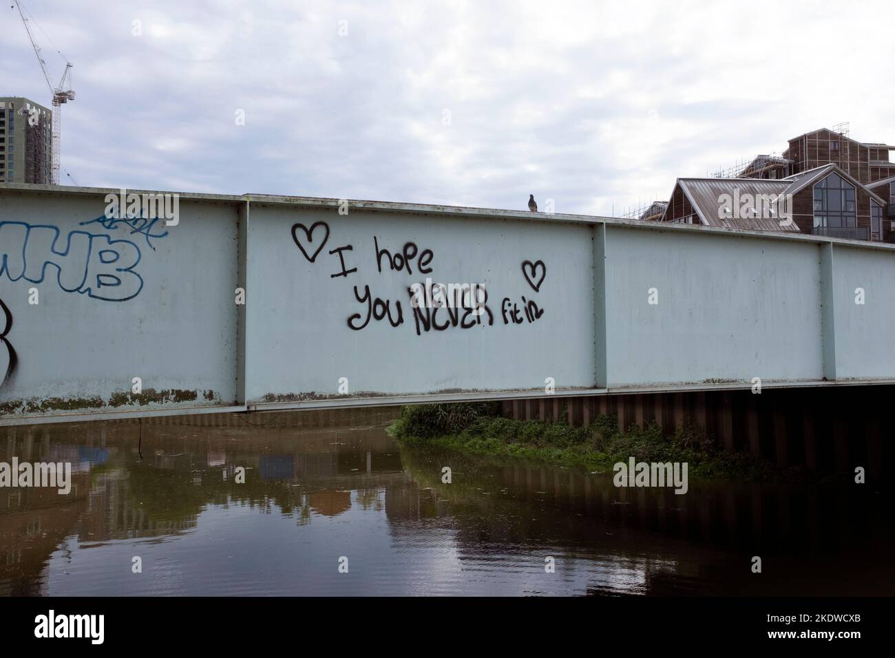 "I hope you never fit in" graffiti on Three Mills Lane bridge, near ...