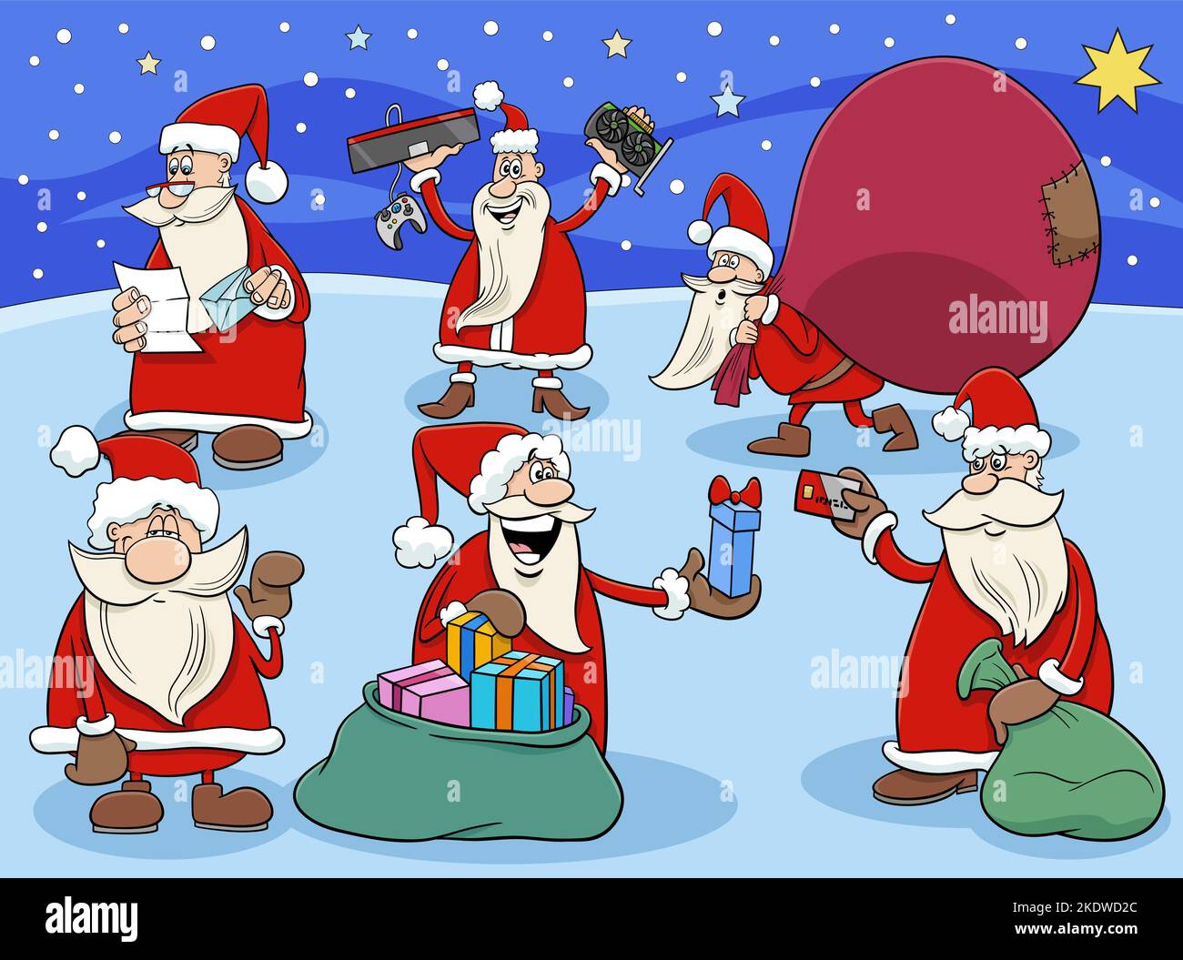 Cartoon illustration of Santa Clauses comic characters group on ...