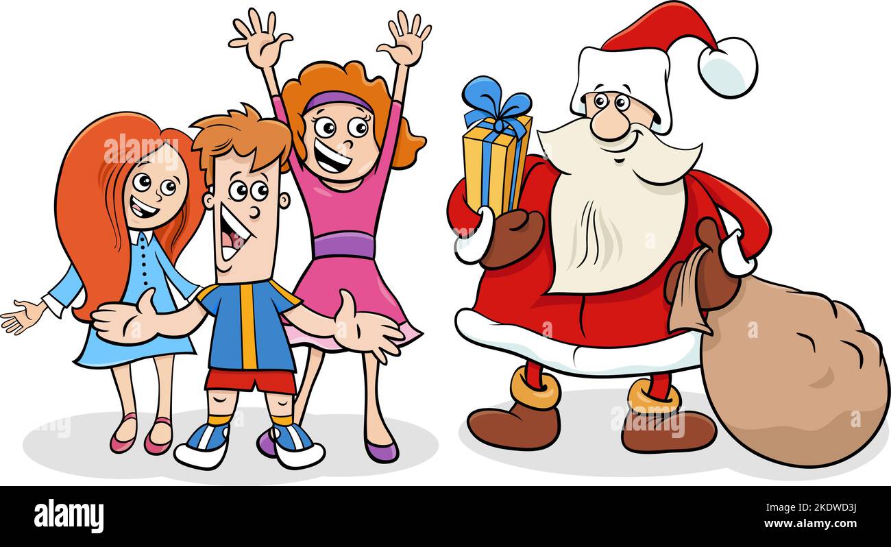 Cartoon illustration of Santa Claus character with sack of presents and ...