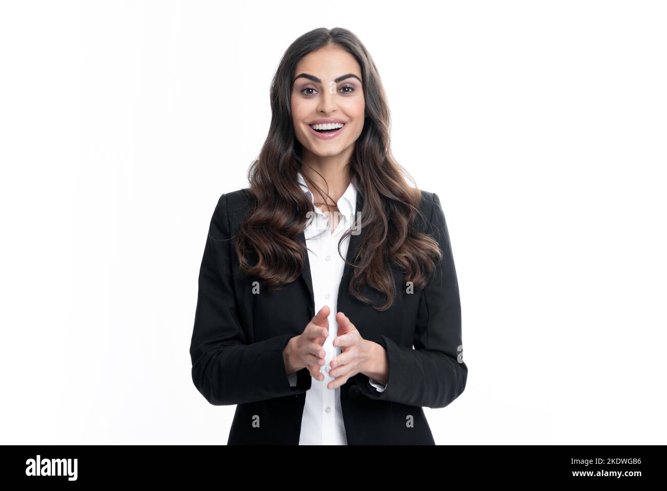 Business woman in suit smiling friendly offering handshake as greeting ... Business woman in suit smiling friendly offering handshake as greeting ...