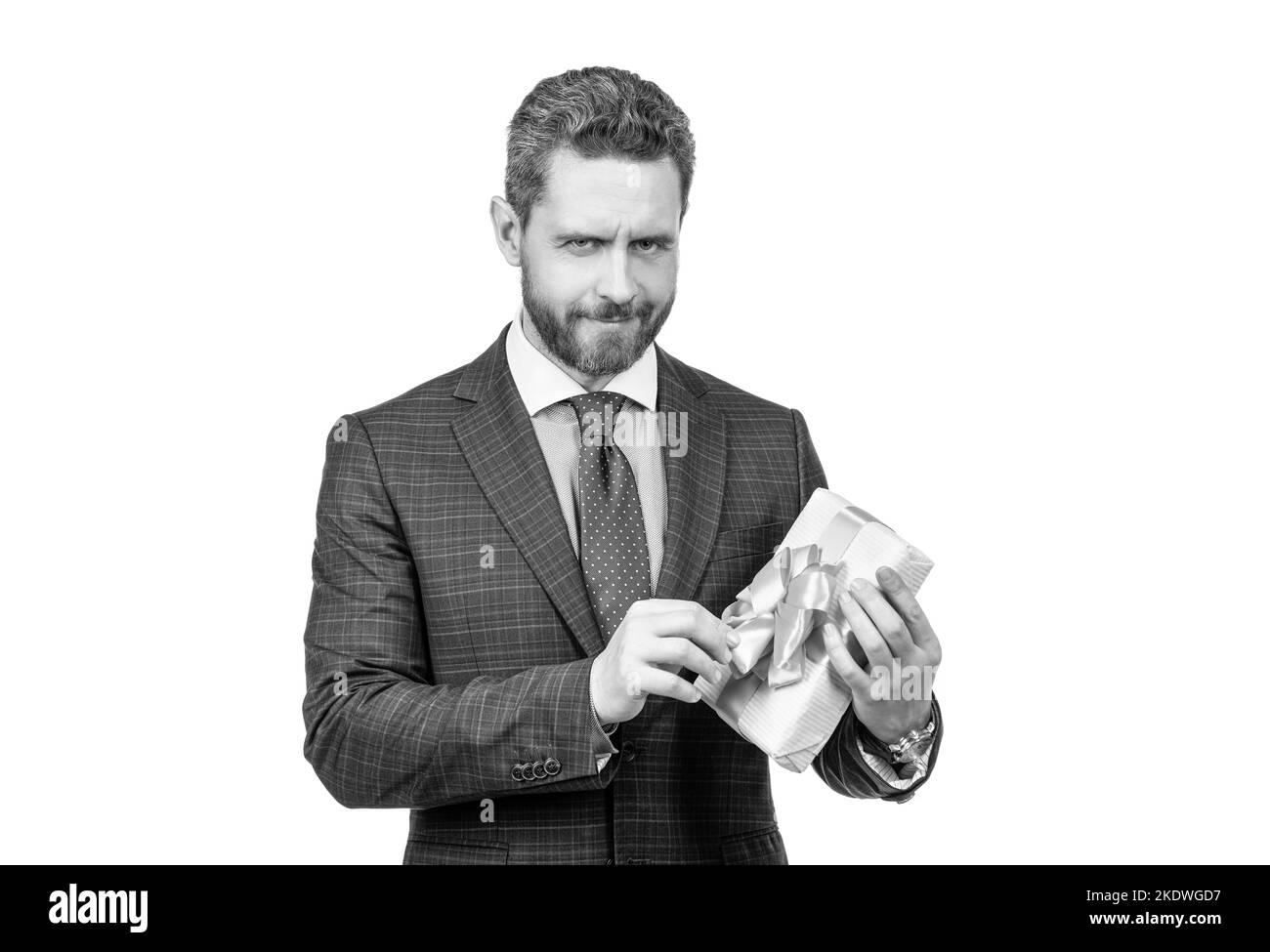 handsome businessman man in businesslike suit opening present box ...