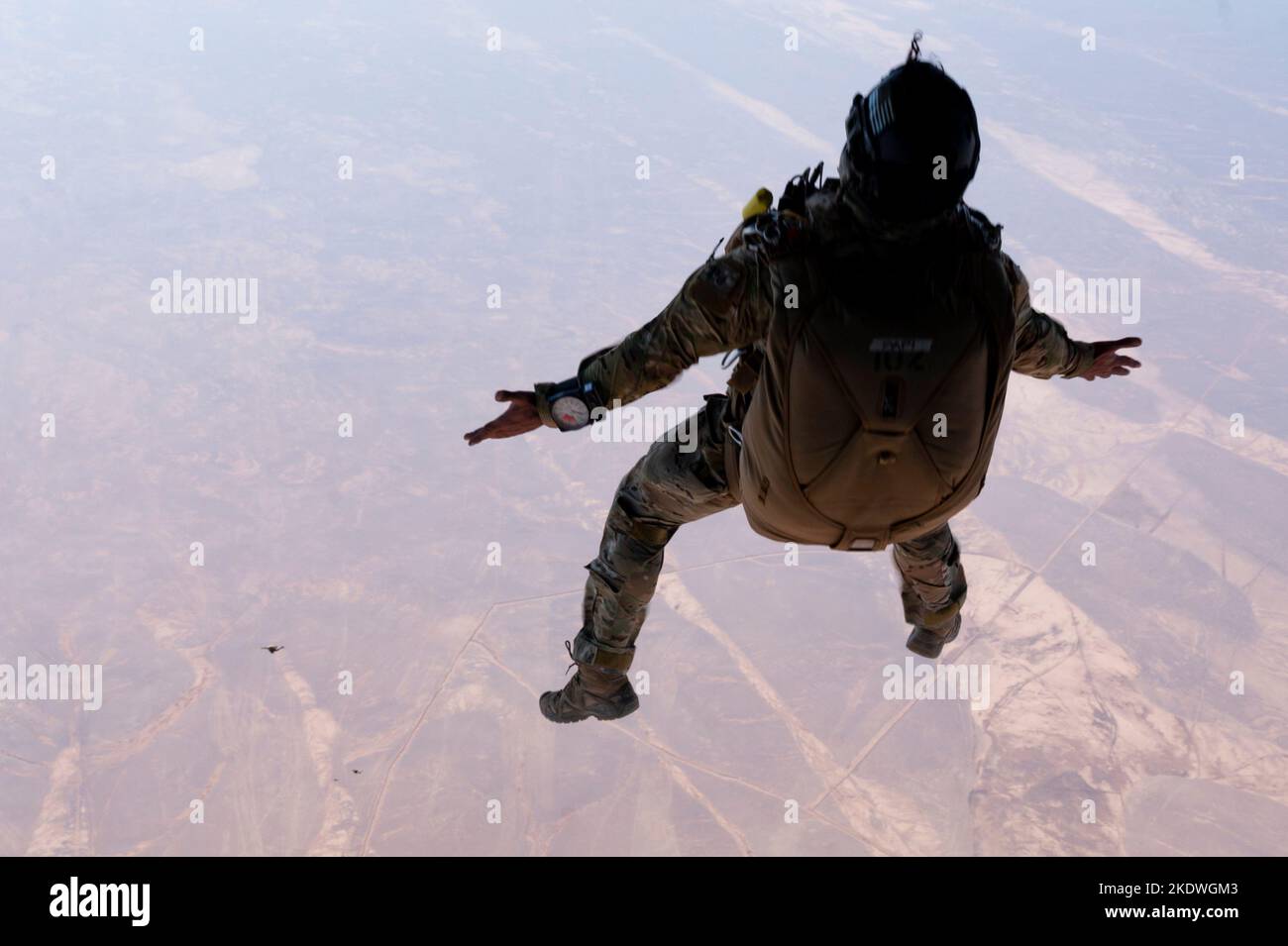 A U.S. Air Force Pararescue Jumper performs military free fall jump ...