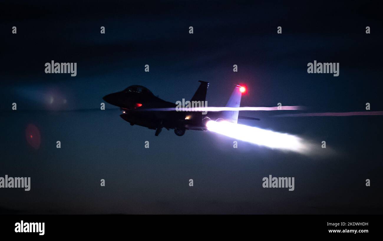 An F-15E Strike Eagle with the 494th Fighter Squadron takes off for ...