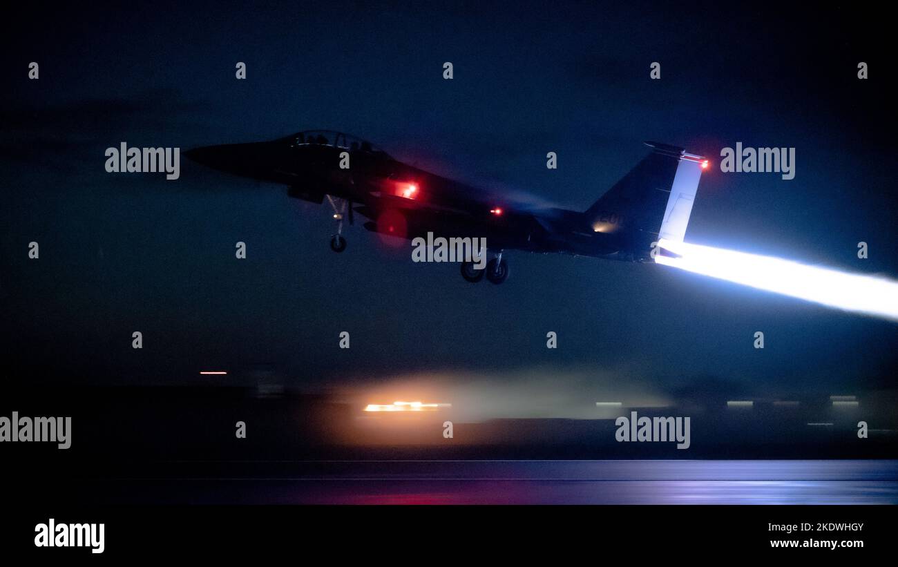 An F-15E Strike Eagle with the 494th Fighter Squadron takes off for ...