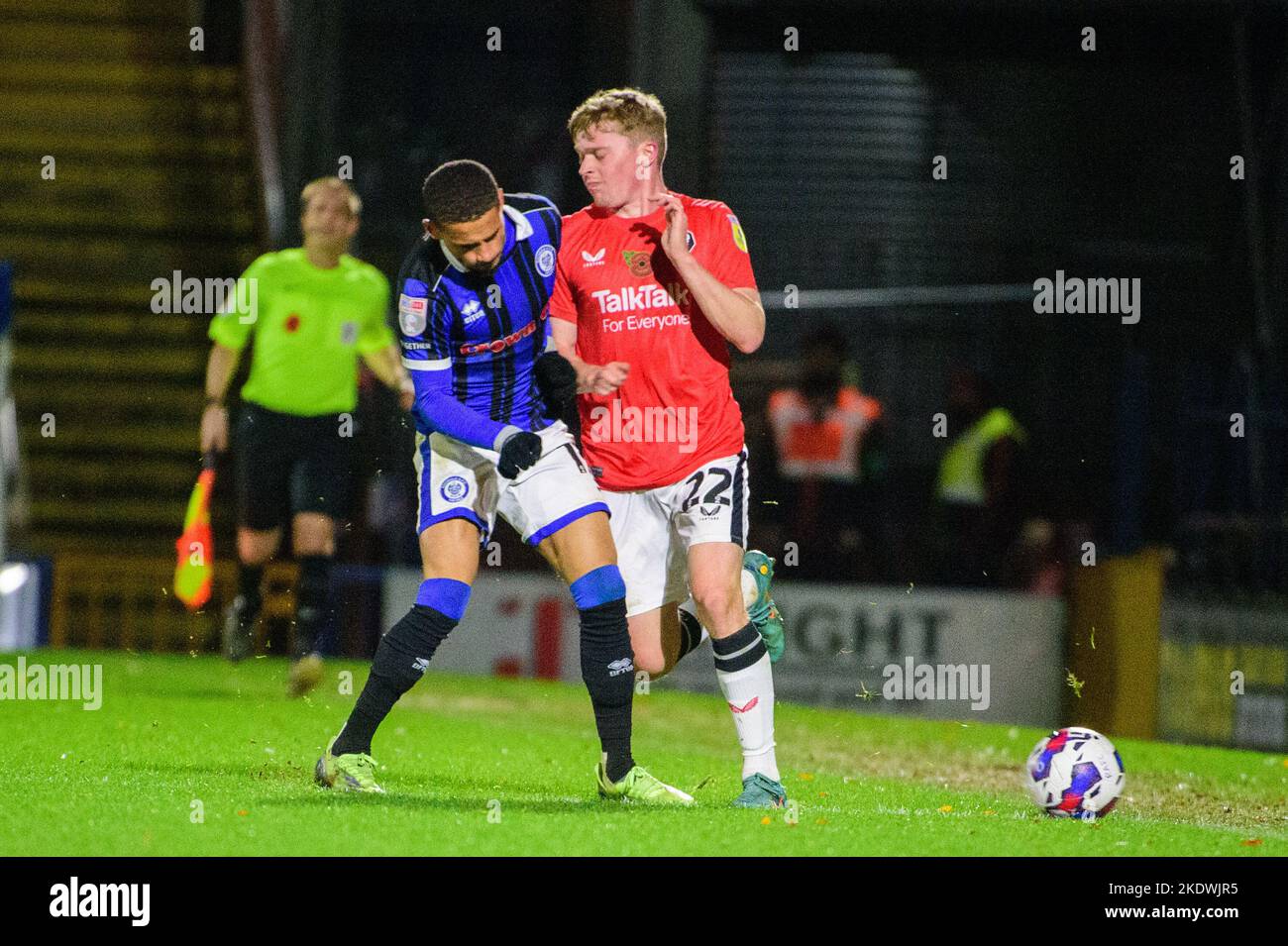 Rochdale, UK. 8th November 2022. Devante Rodney of Rochdale AFC tackles ...