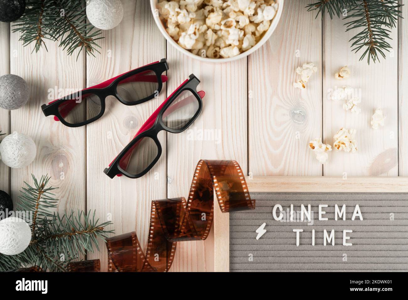 Abstract cinema time composition frame of popcorn bucket, 3d glasses ...