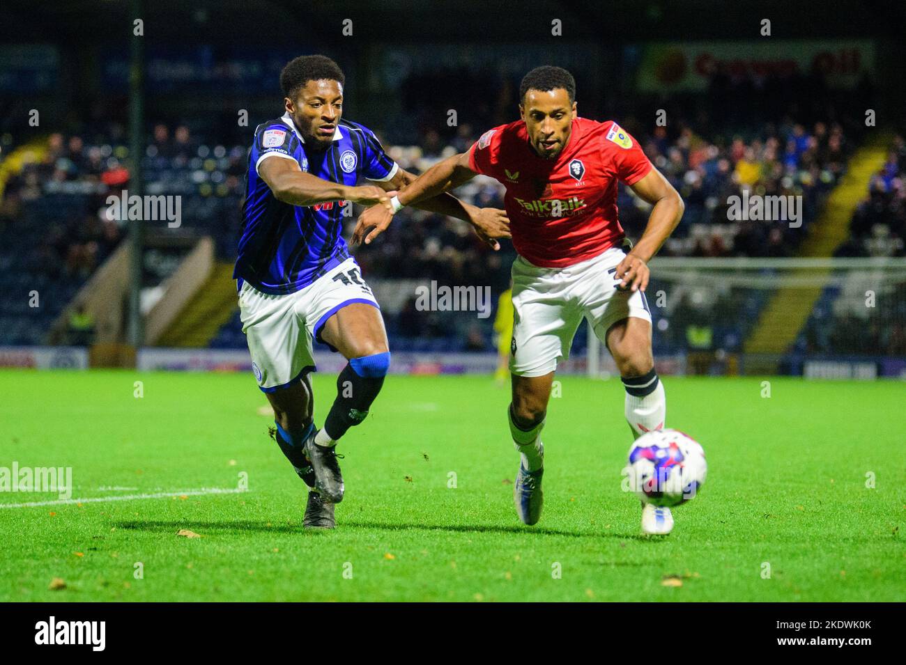 Rochdale, UK. 8th November 2022. Devante Rodney of Rochdale AFC tackles ...