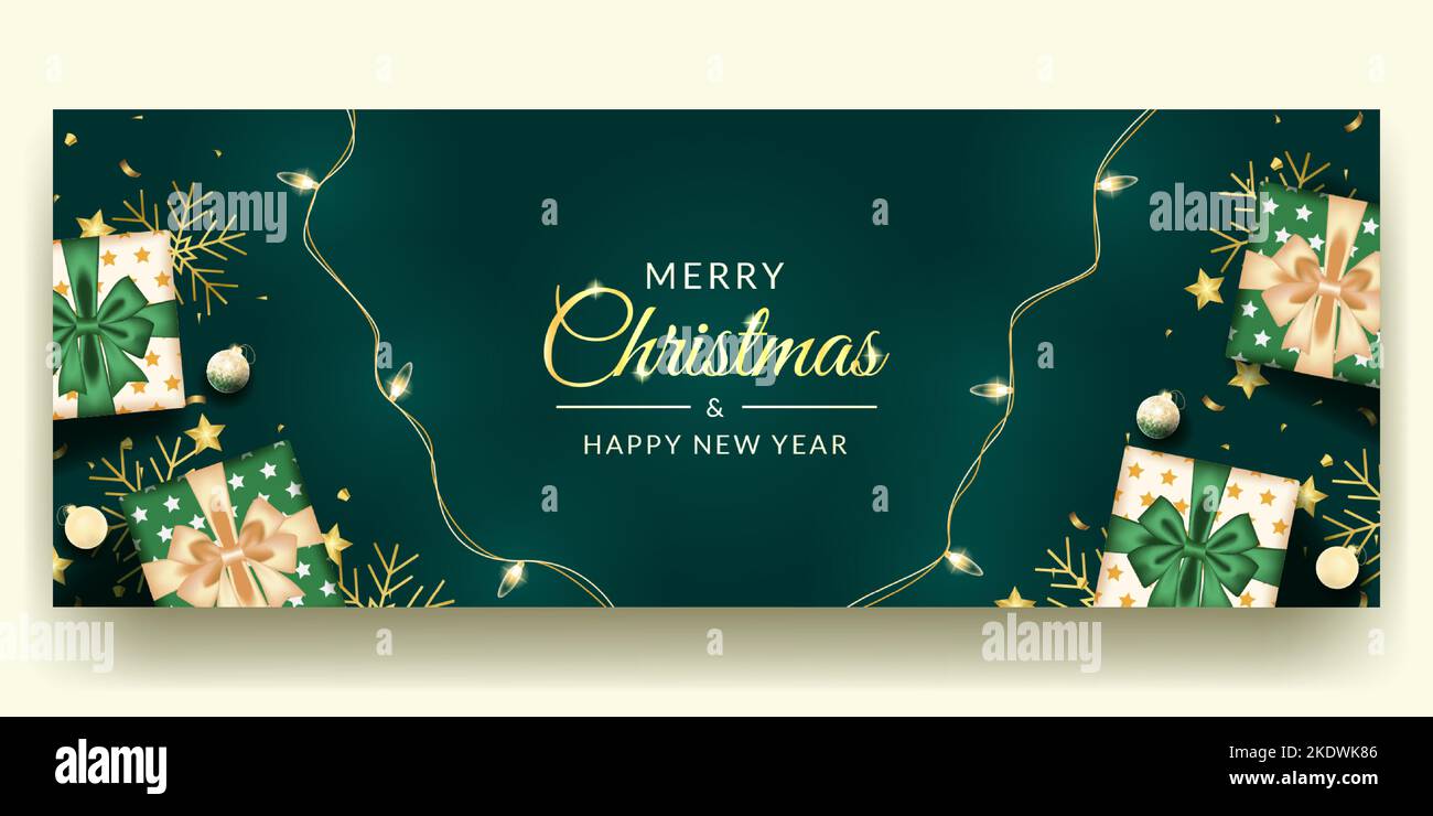 merry christmas and happy new banner design with realistic green ...