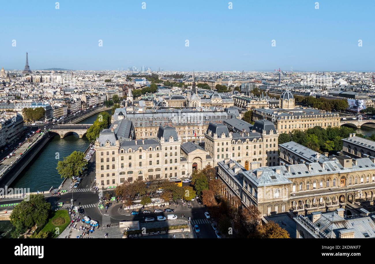 Panoramic aerial view of Paris from the Tower of the Cathedral of Notre ...