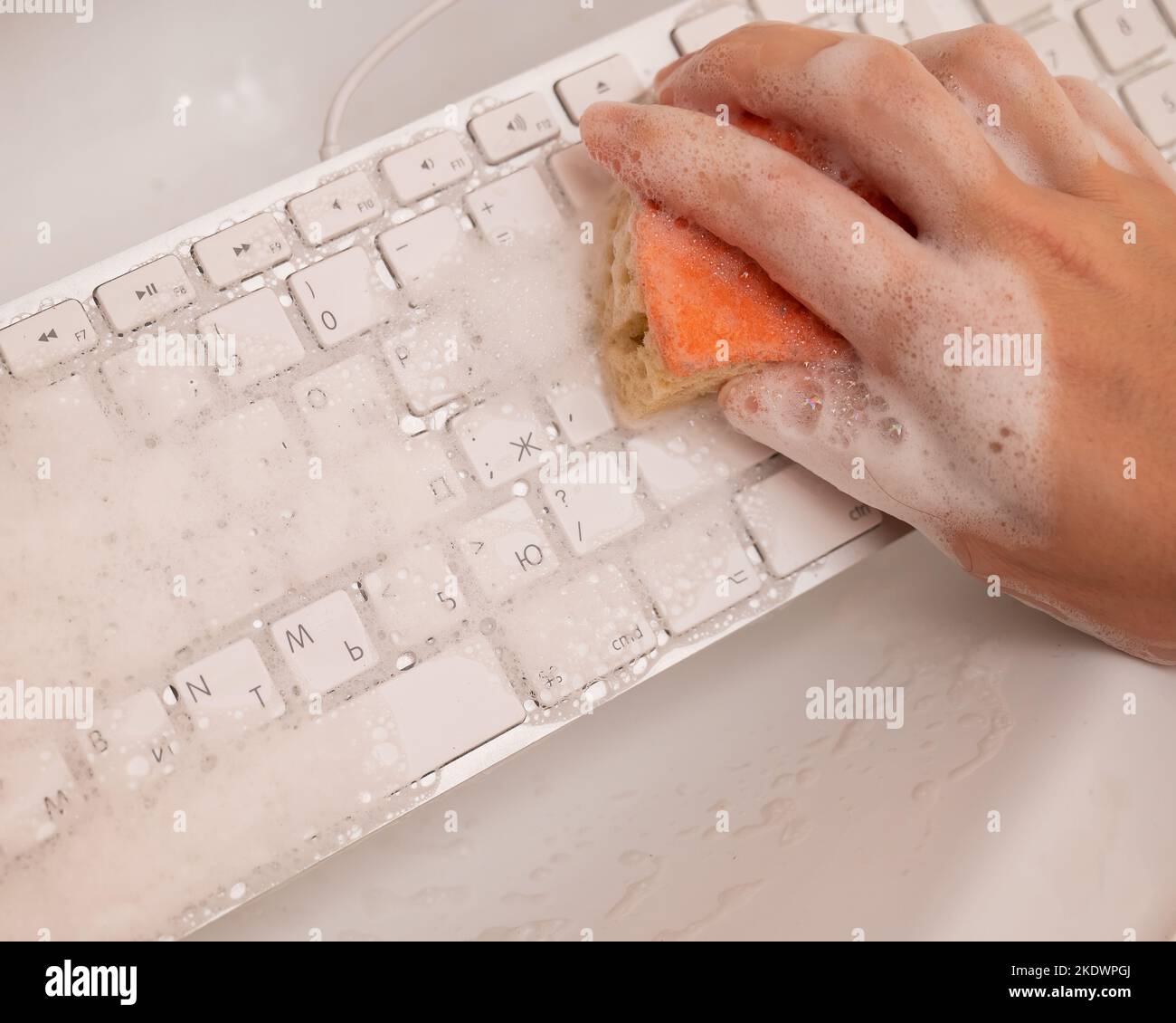 Woman washing white computer keyboard with a sponge with foam Stock ...