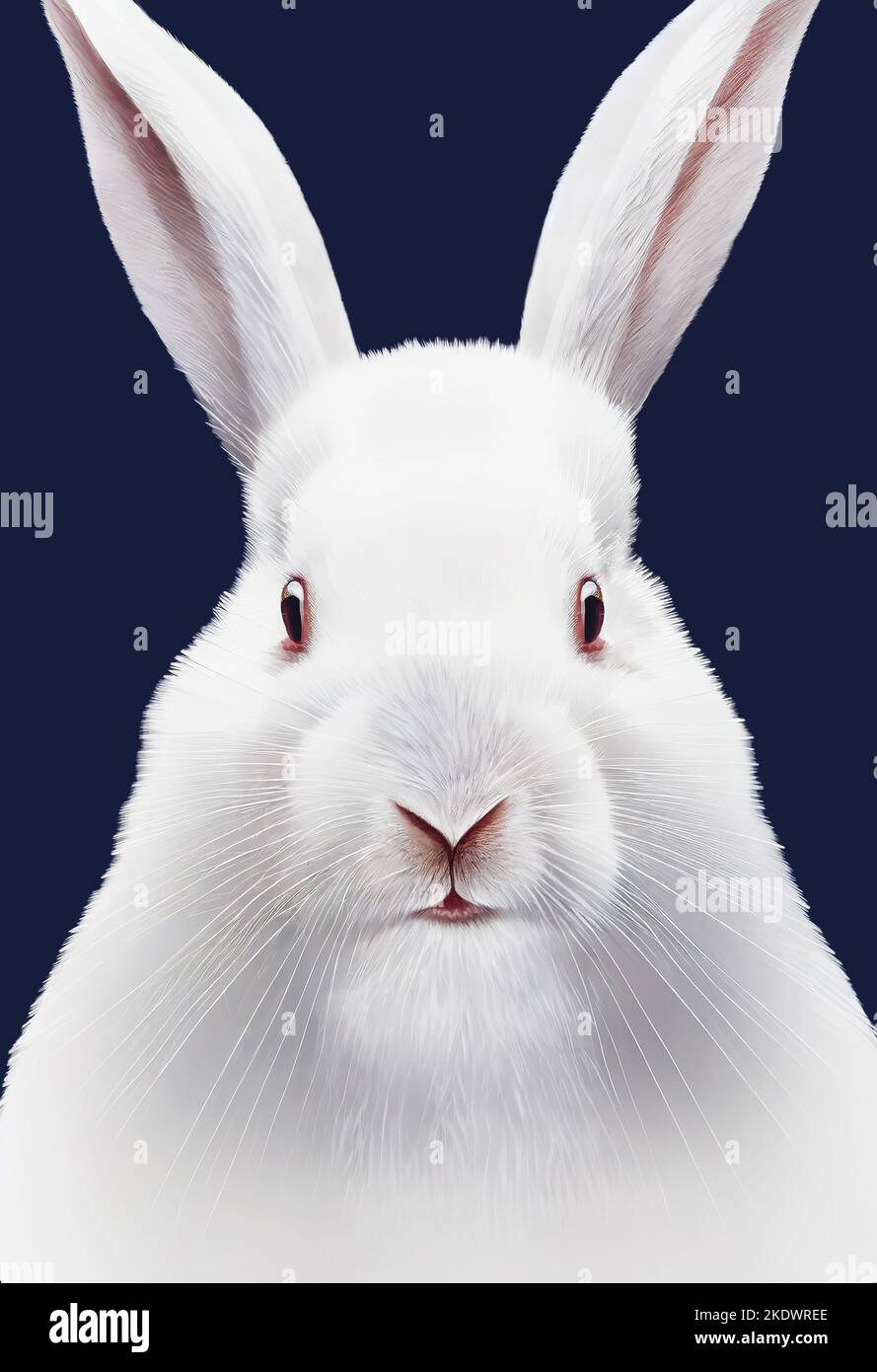 White fluffy rabbit on a blue background. Closeup portrait of a rabbit ...