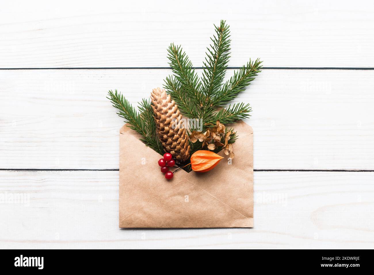 Christmas tree branch cone flowers decoration in paper envelope on ...