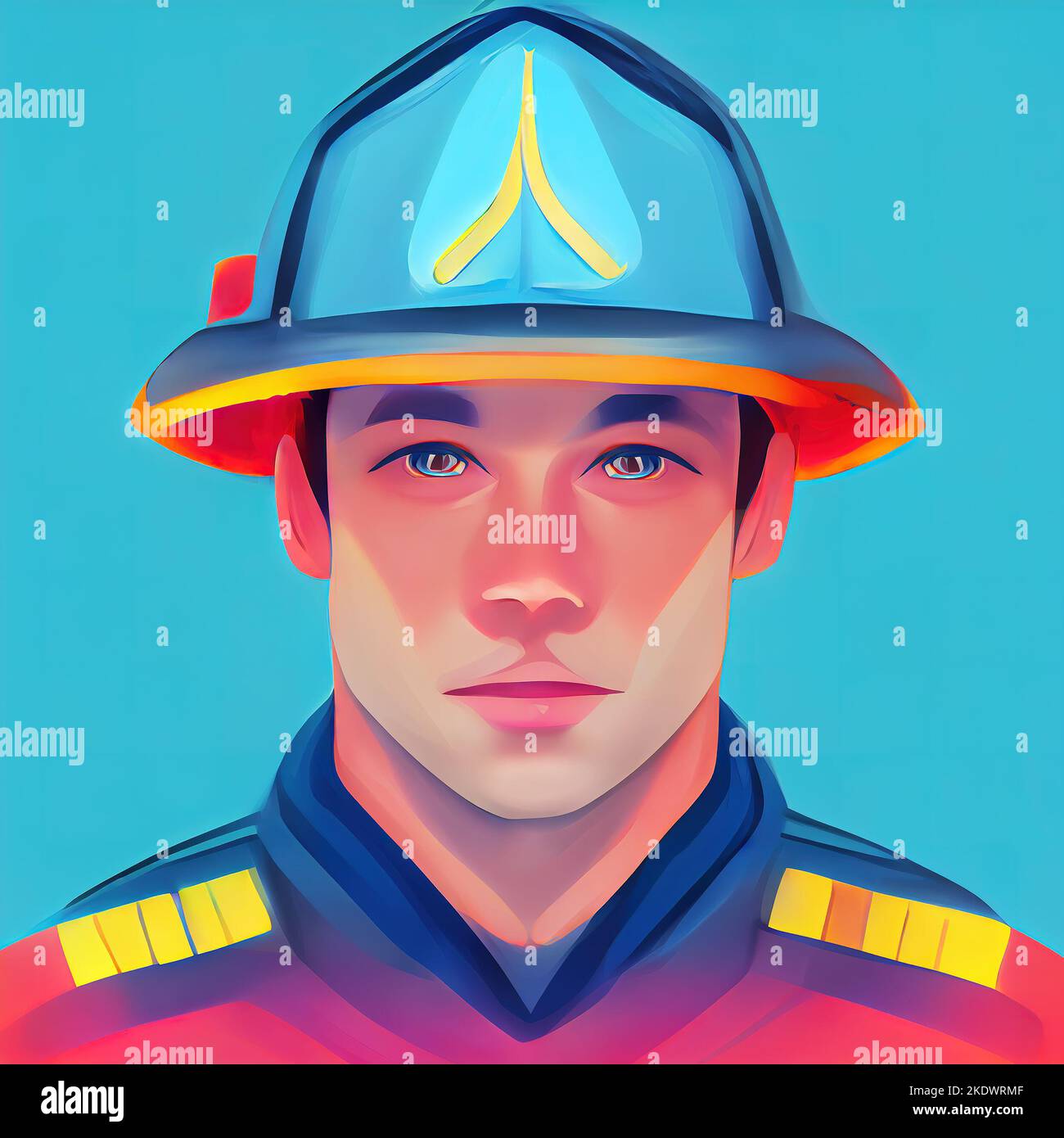 Portrait of a firefighter in yellow helmet. Lifeguard portrait. Digital ...