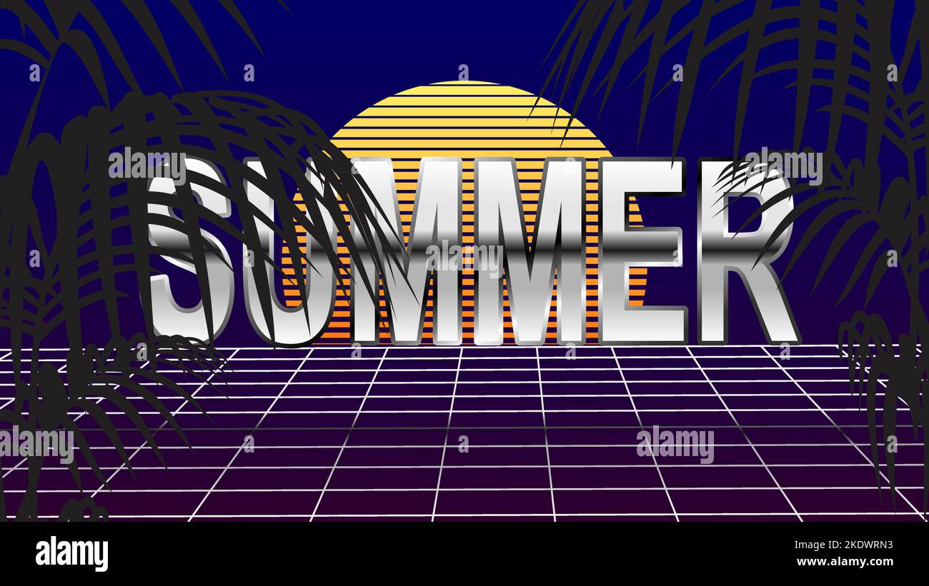 tropical sunset chrome retro style summer background illustration in ...