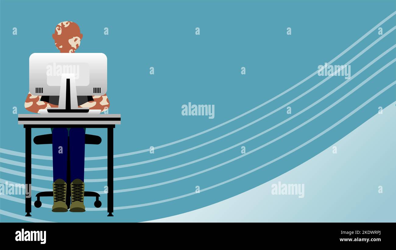 man working on computer muckup illustration poser banner in vector ...