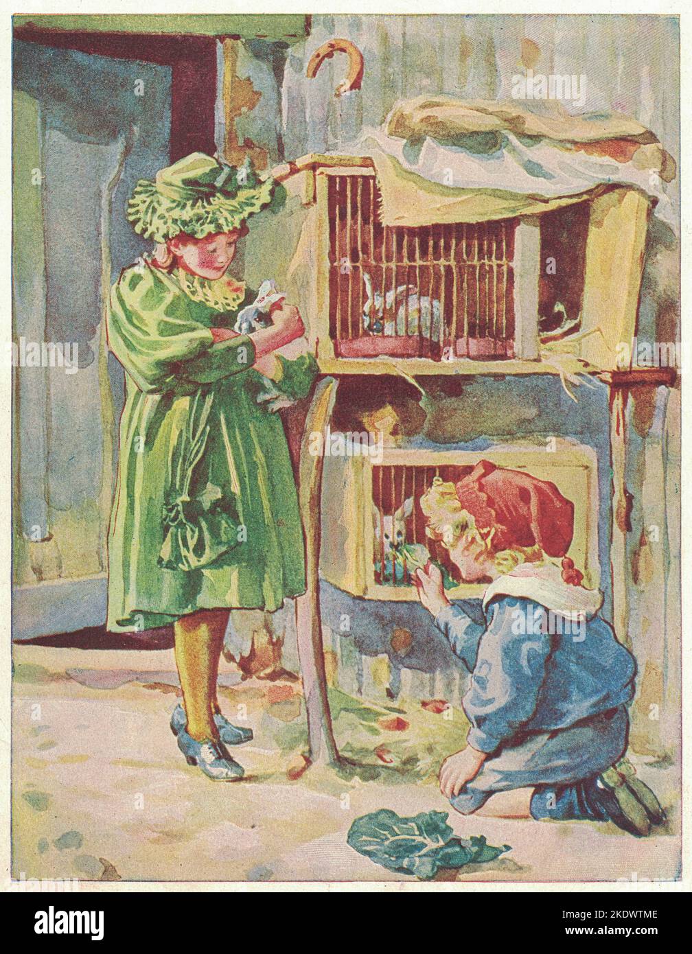 Coloured antique illustration shows two children and bunny rabbits ...