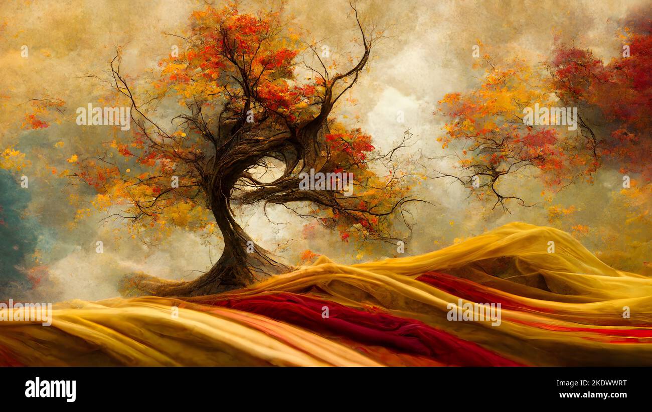 Illustrative painting of an autumn scene with trees. Oil painting Stock ...