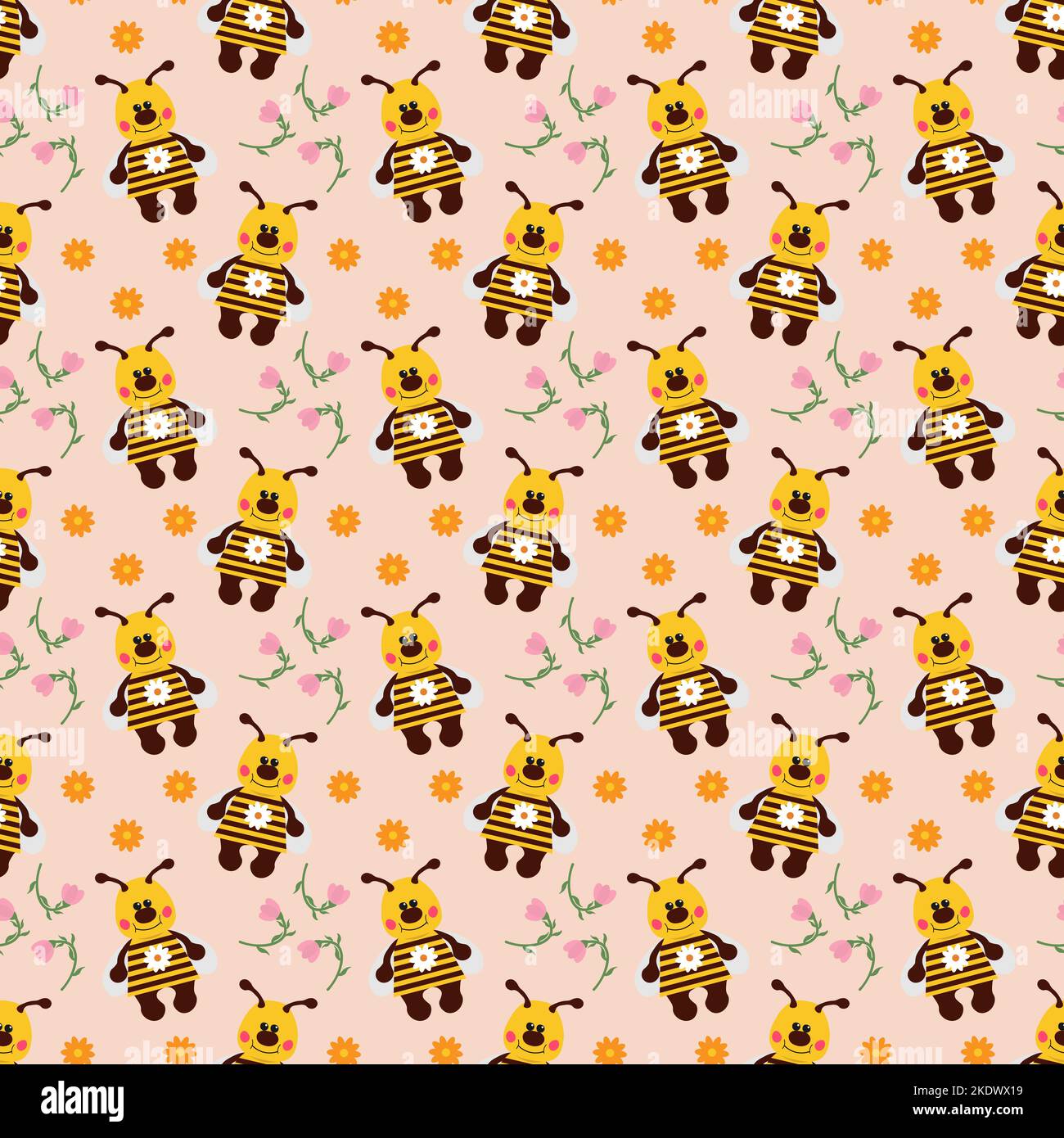 A cute and cheerful bee flies between flowers. Floral pattern. Vector ...