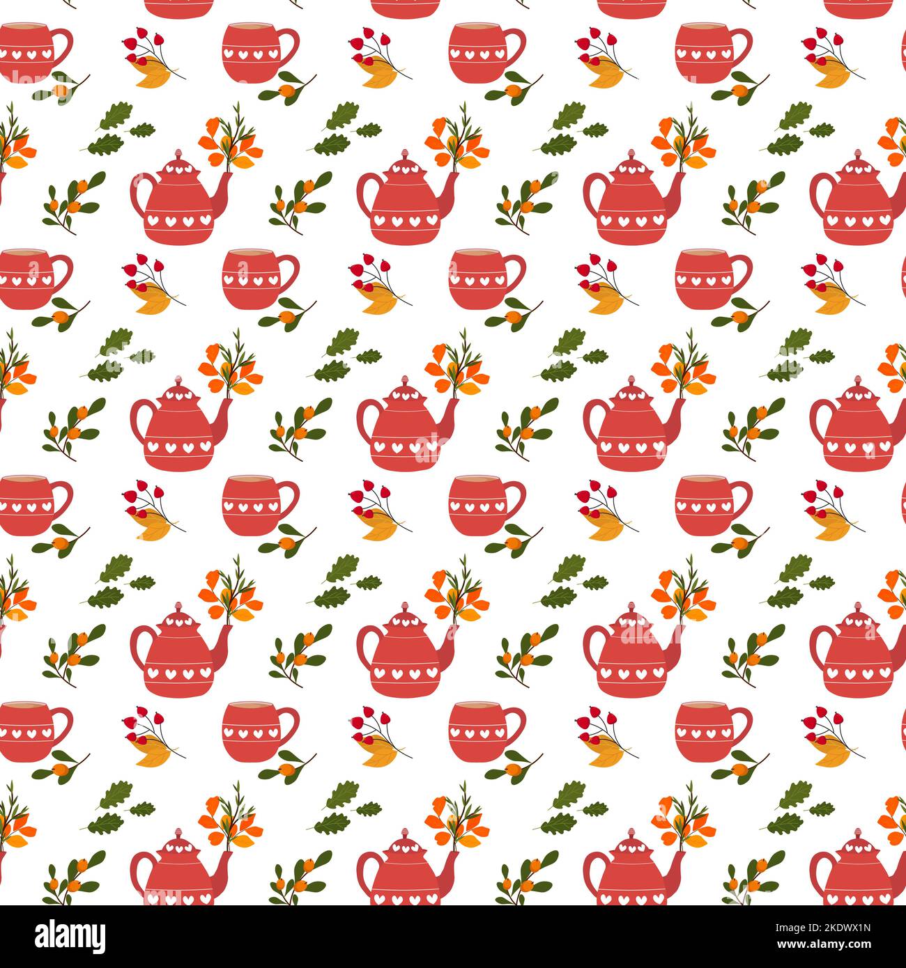 A pattern with a cup and a teapot. Bouquets of autumn leaves and ...