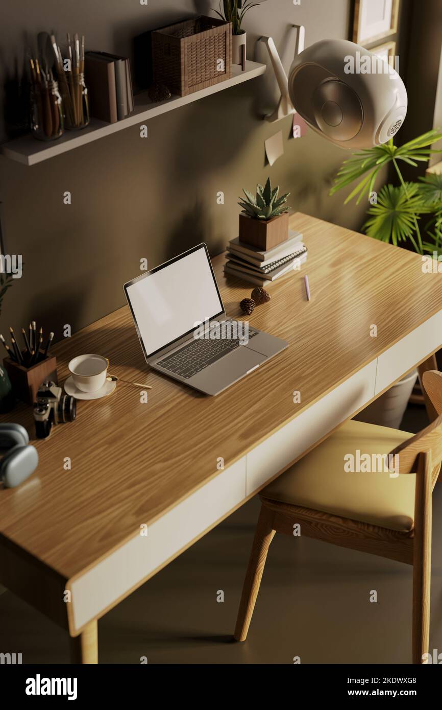 Study room interior with working space and laptop computer on working ...