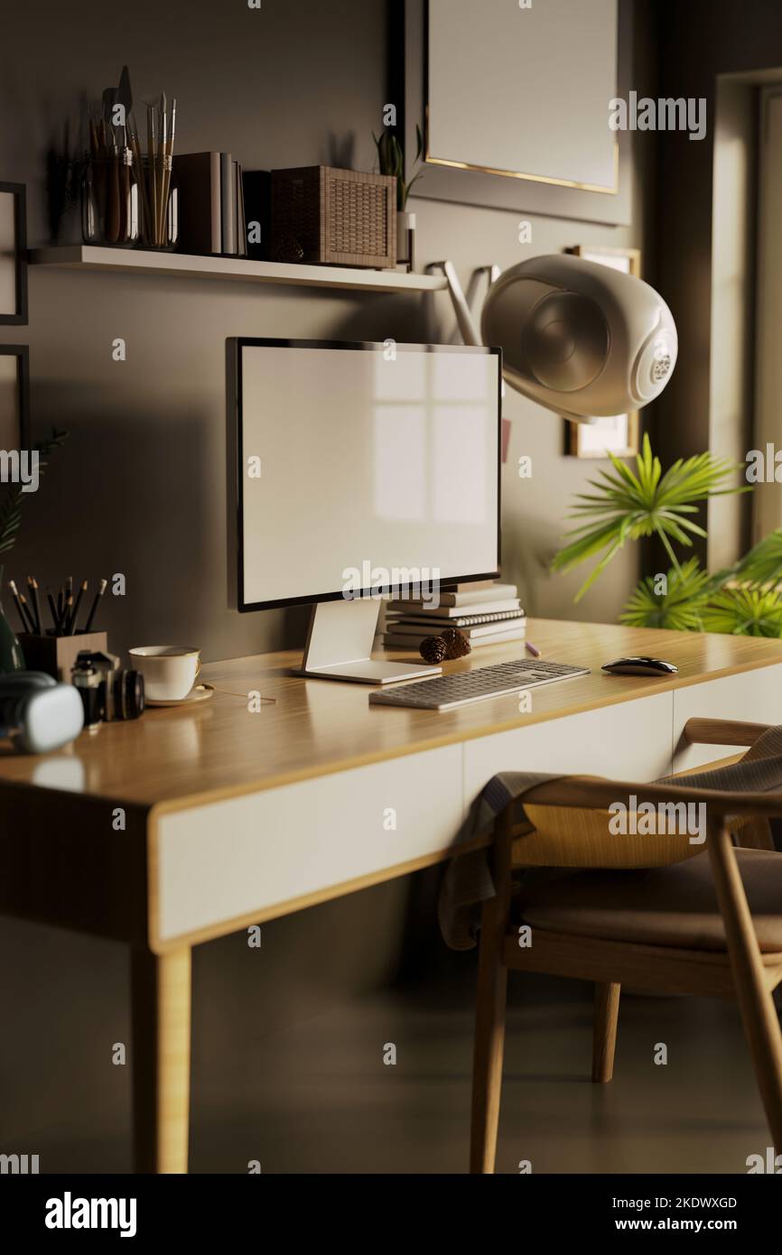 Modern workspace with blank screen PC desktop computer on wooden table ...