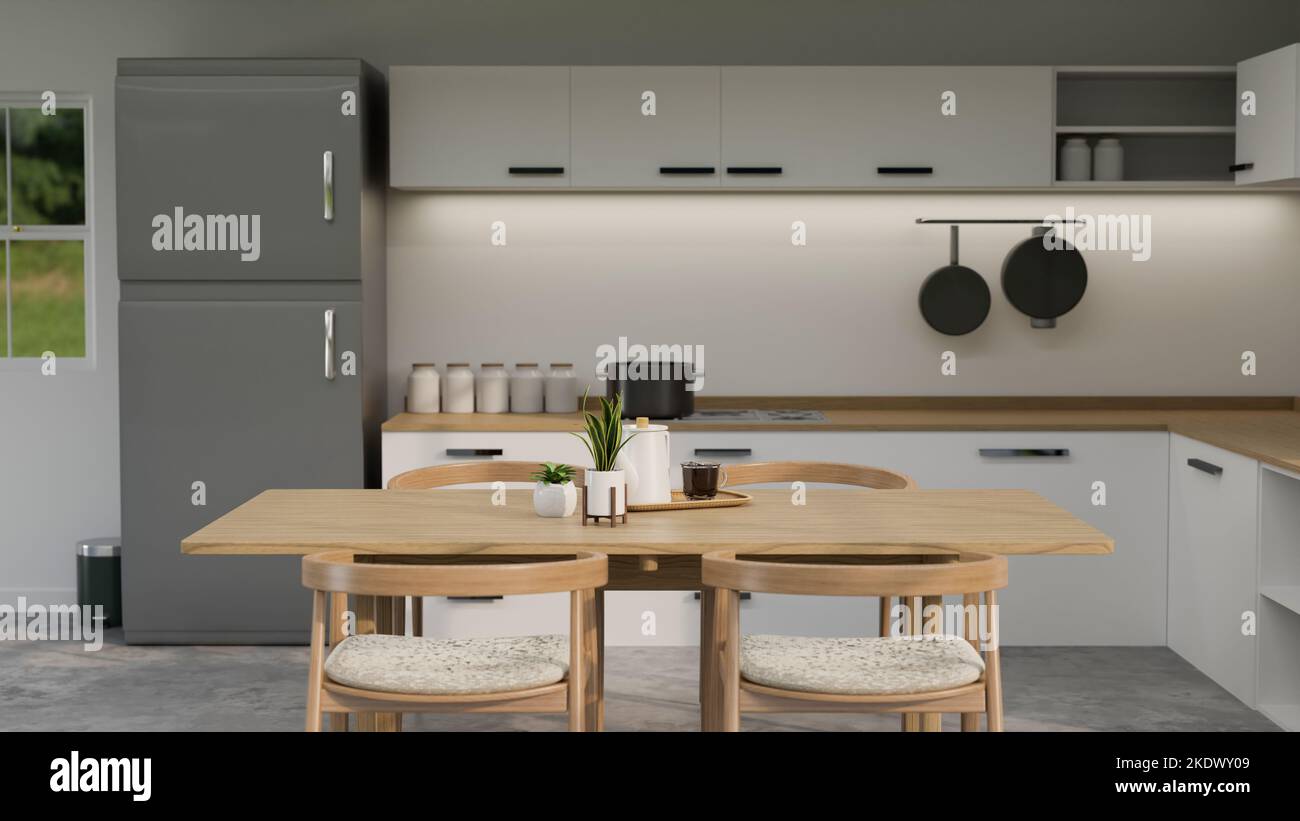 Modern contemporary kitchen with table, counter with wooden top, modern ...